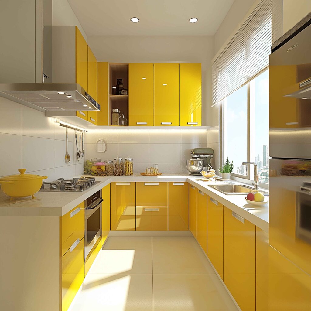 Vibrant Yellow U-Shaped Modular Kitchen with Sleek Finishes - Tatsavi ...